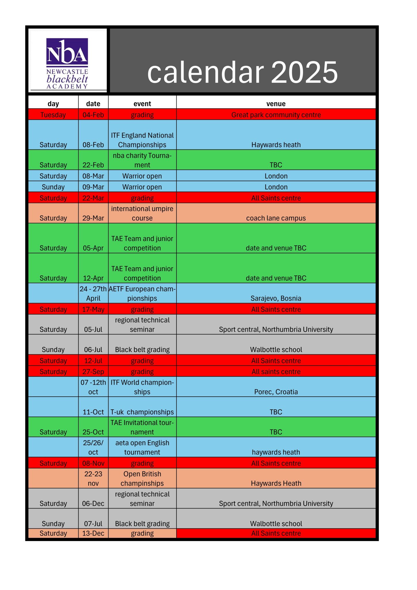 2025 Calendar – Newcastle Black Belt Academy